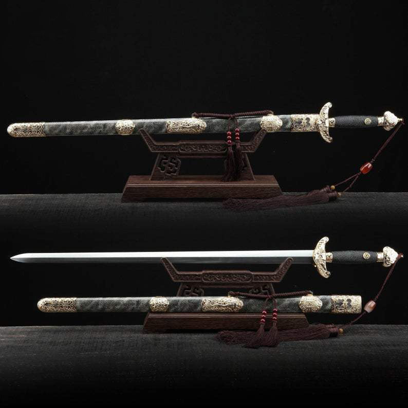 Handmade Damascus Steel Rayskin Full Tang Qing Dynasty King Sword Chin